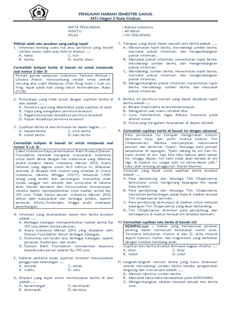Penilaian Harian Bahasa Indonesia Kelas VIII | PDF