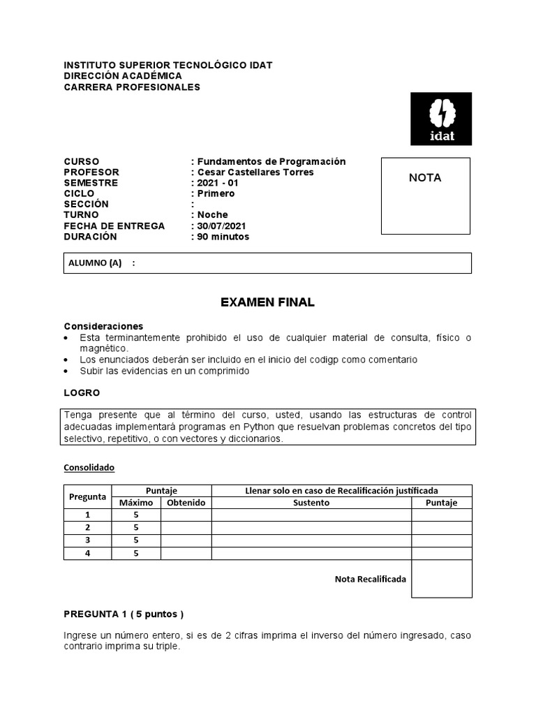 Examen Final Fundamentos de Programacion | PDF | Prueba (evaluación)