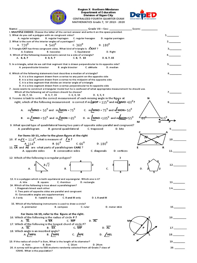 Grade 7 Math 4th Quarter Exam 2020 | PDF | Triangle | Sampling (Statistics)