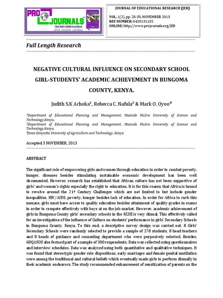 Negative Cultural Influence On Secondary School Girl-Students' Academic ...