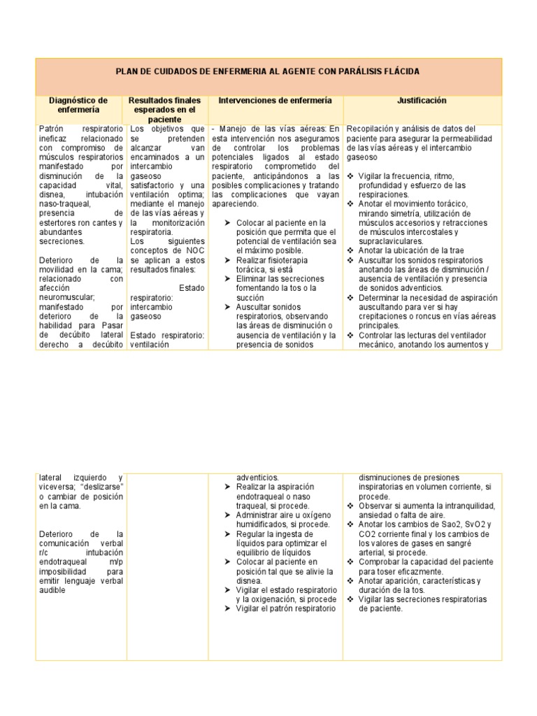Plan de Cuidados de Enfermeria Al Agente Con Parálisis Flácida | PDF ...