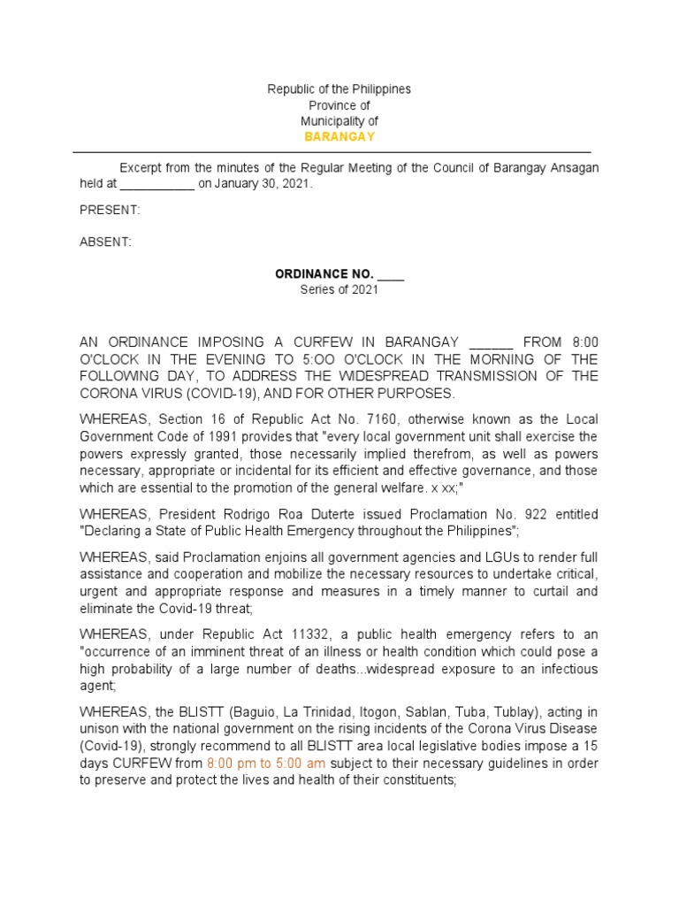 Barangay Curfew Ordinance 2021 | PDF | Fine (Penalty) | Justice