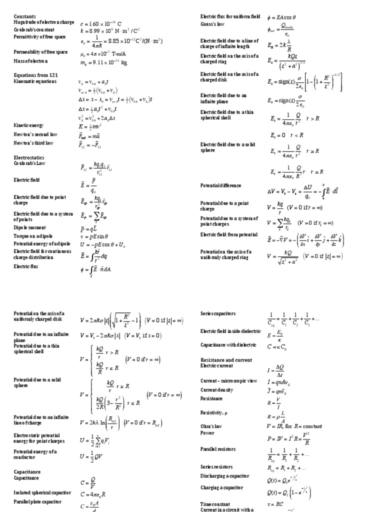 Equation Sheet Final | PDF | Electric Field | Capacitor