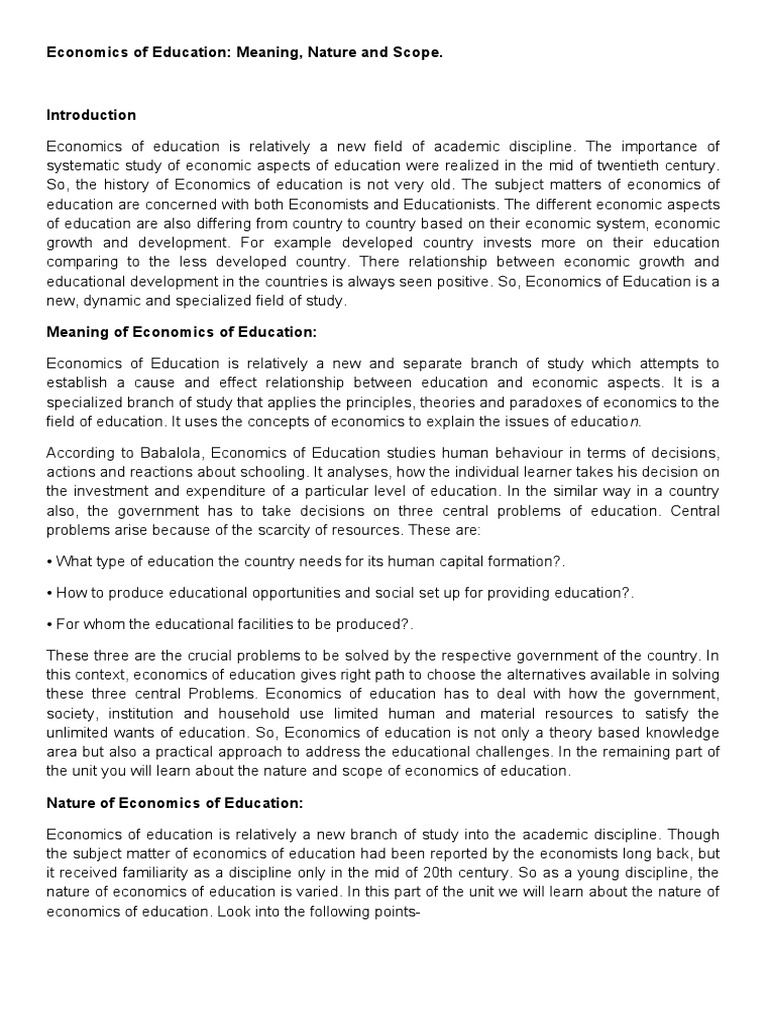 Economics of Education: Meaning, Nature and Scope | PDF | Economics ...