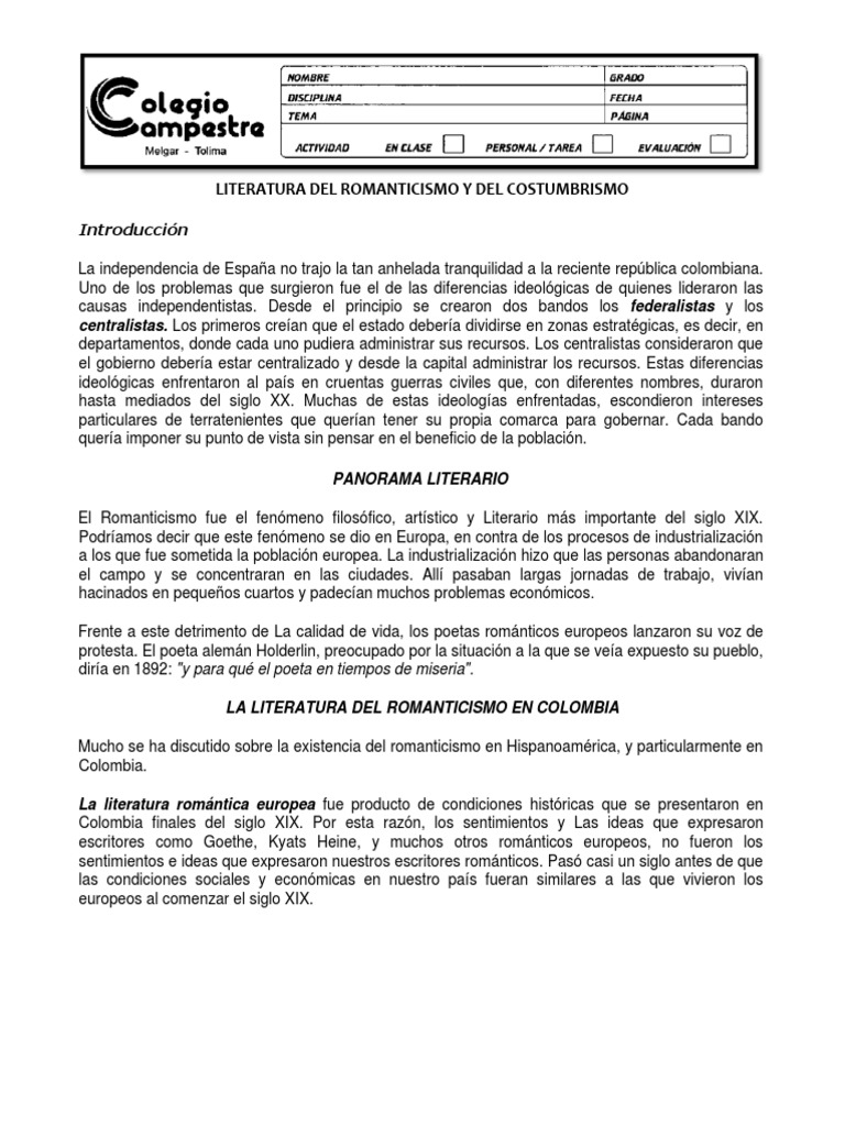 MATERIAL GRADO 8º. | PDF | Romanticismo | Colombia