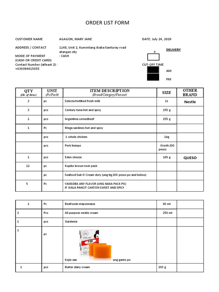 Order List Form: QTY Unit Item Description Size Other Brand | Download ...
