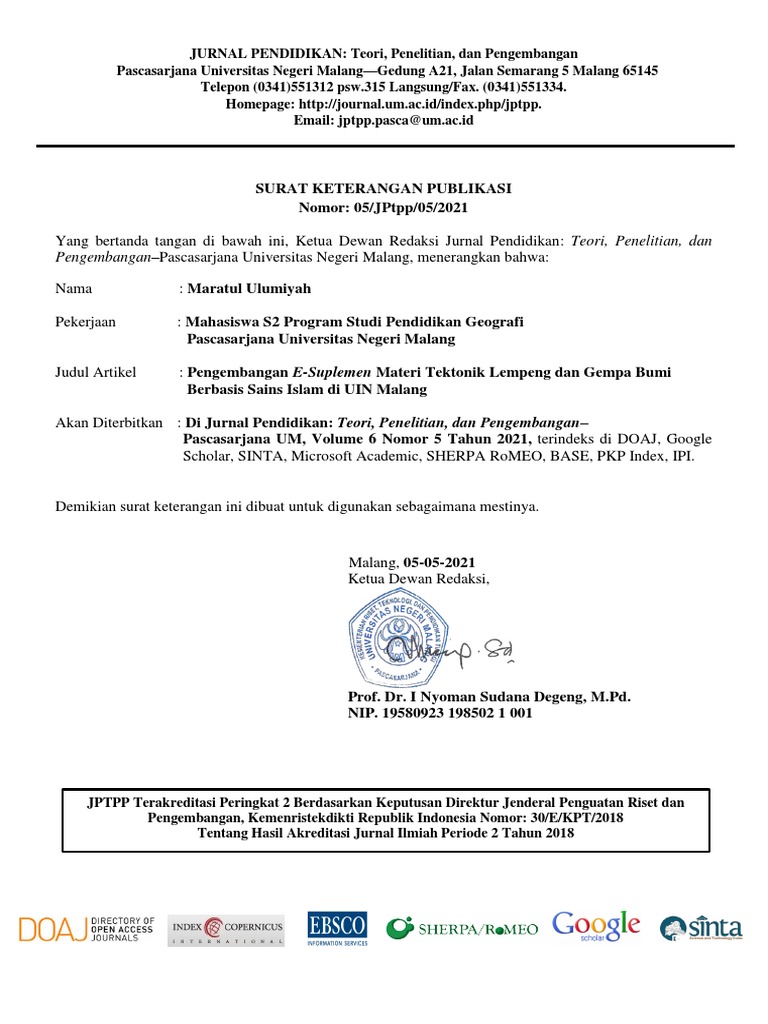Surat Keterangan Publikasi Maratul Ulumiyah | PDF