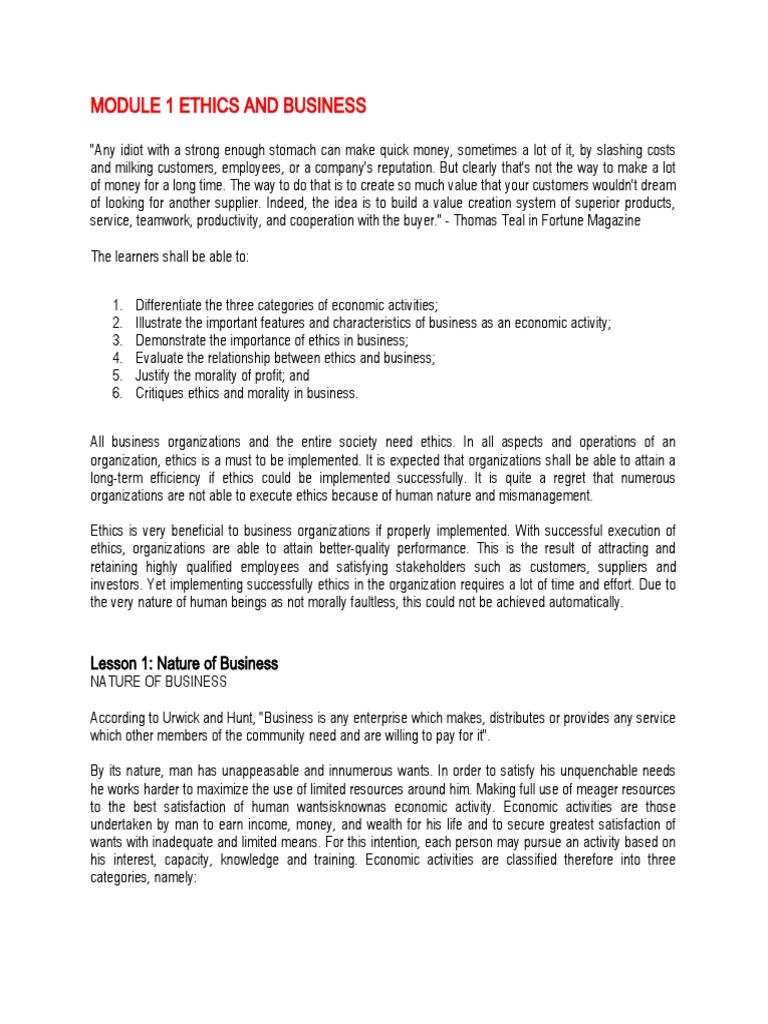 Module 1 Ethics and Business | PDF | Business Ethics | Employment