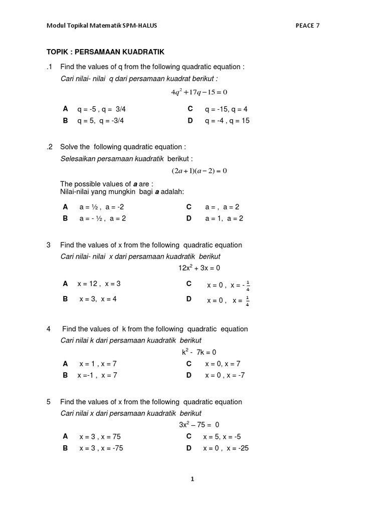 Kertas 1 Persamaan Kuadratik | PDF | Mathematics | Equations