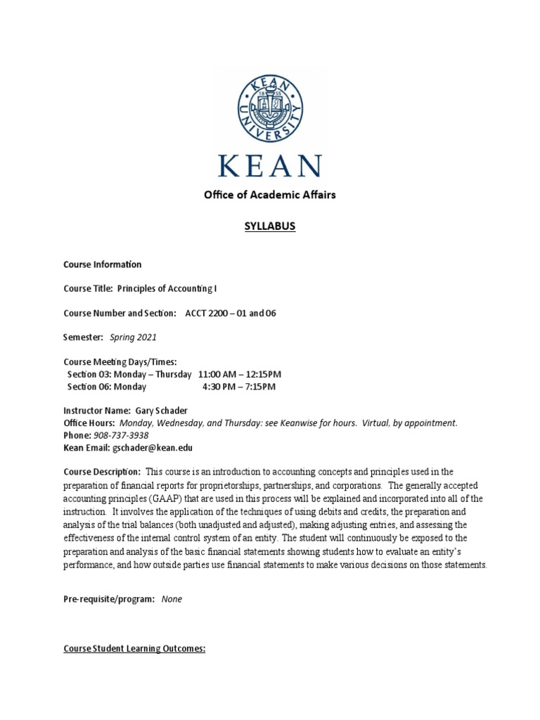 Syllabus - Principles of Accounting I (ACCT2200-01 & 06 - Spring 2021 ...