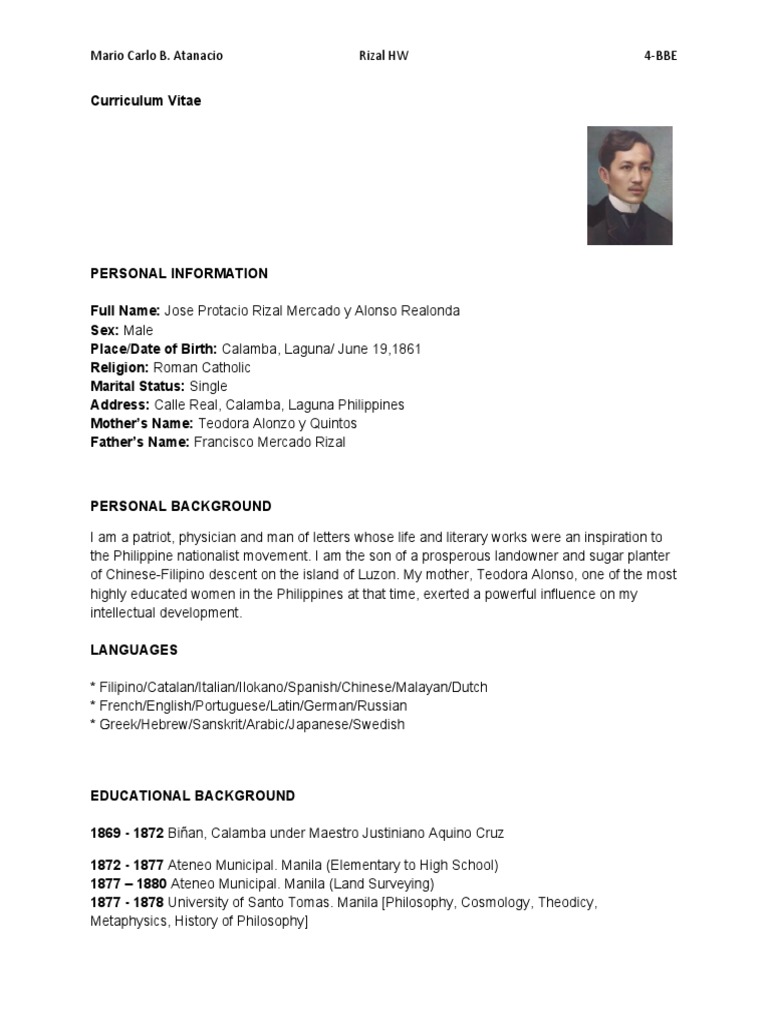 Curriculum Vitae Rizal | PDF | Manila | Philippines