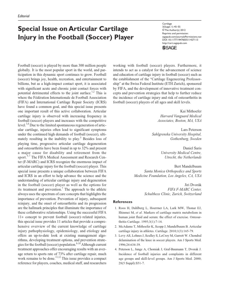 Special Issue On Articular Cartilage Injury in The Football (Soccer ...