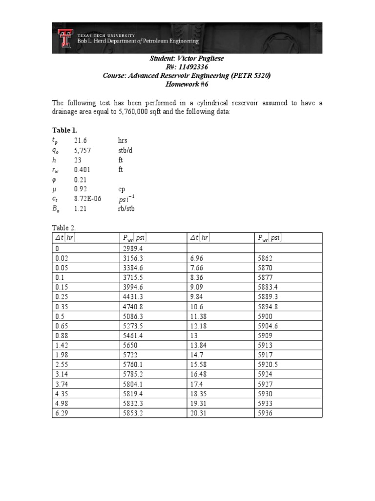 Student: Victor Pugliese R#: 11492336 Course: Advanced Reservoir Engineering (PETR 5320 ...