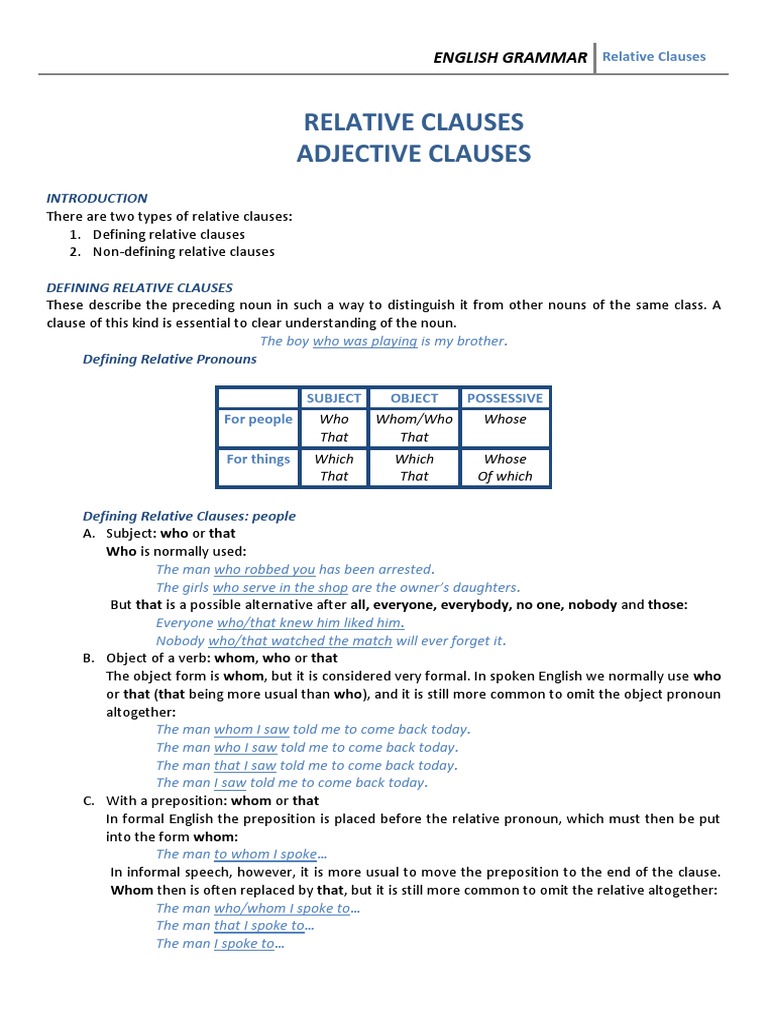 Relative Clauses (Adjective Clauses) | PDF | Noun | Linguistic Morphology