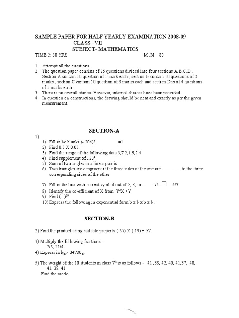 Sample Paper For Half Yearly Examination 2008-09 Class - Vii Subject ...