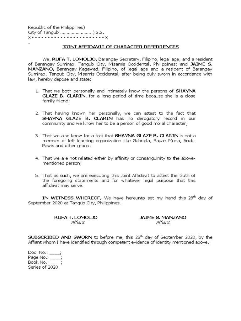 Joint Affidavit of Character Referrences | PDF