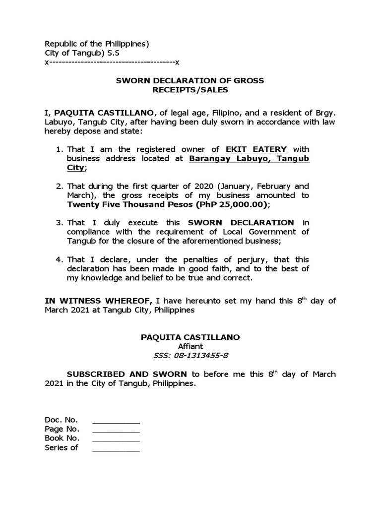 Sworn Declaration of Gross Receipts | PDF | Social Science