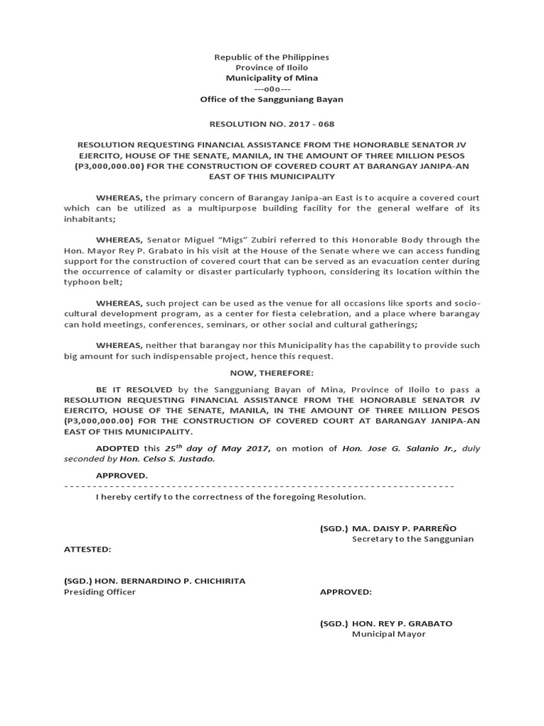 Resolution Requesting Financial Assistance from Senator JV Ejercito for ...