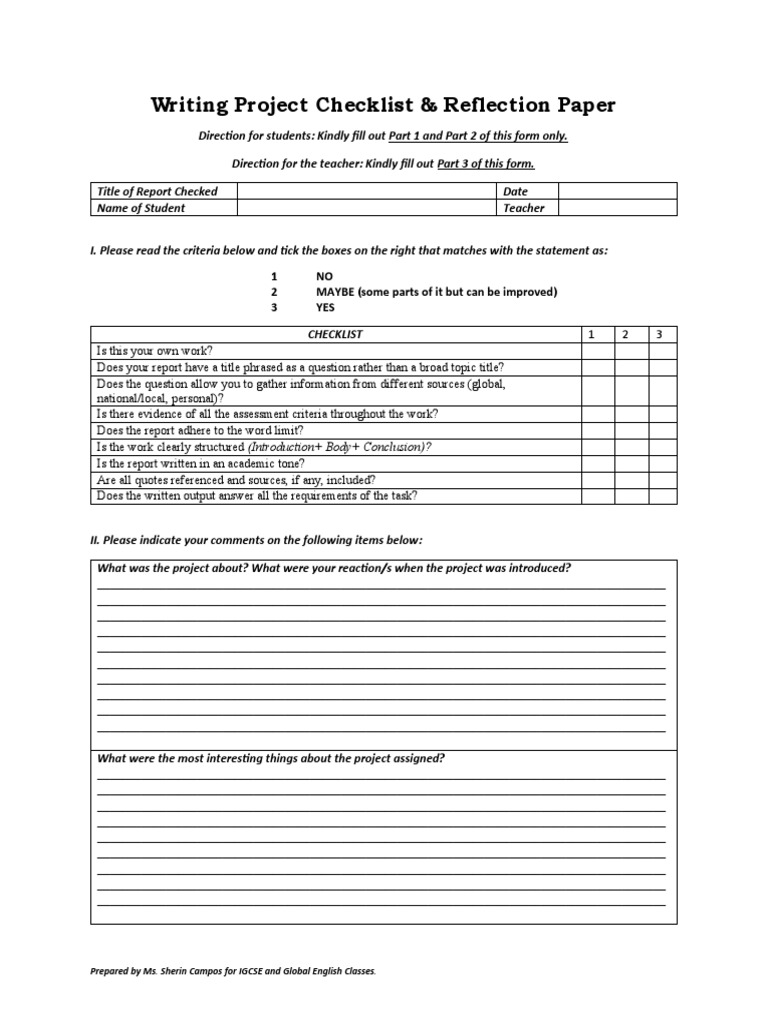 Writing Project Checklist & Reflection Paper: 1 NO 2 MAYBE (Some Parts ...