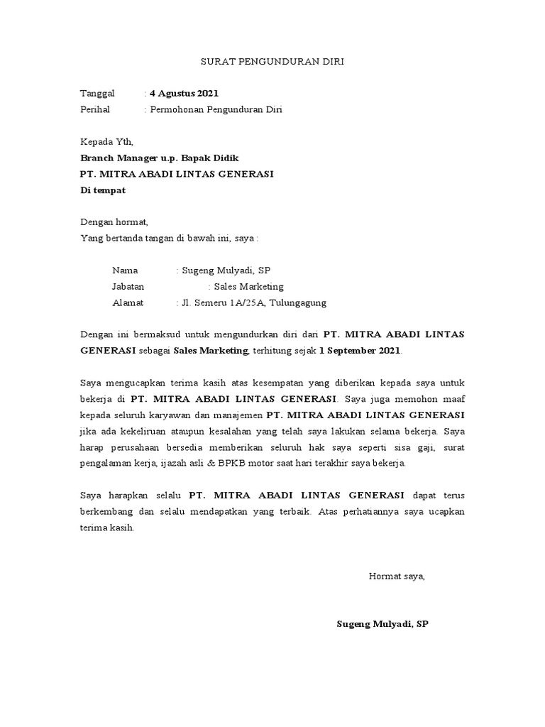 Surat Pengunduran Diri PT | PDF