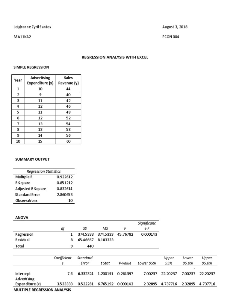 Regression Analysis With Excel | PDF | Errors And Residuals | Data Analysis