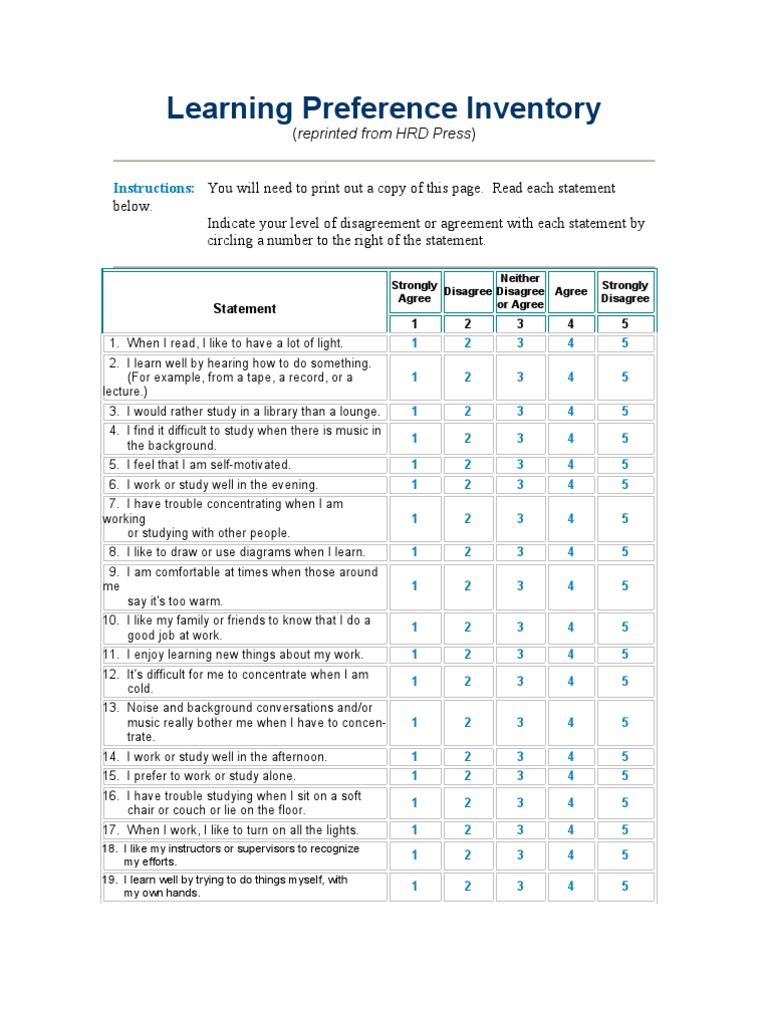 Learning Preferences Survey | PDF | Motivation | Motivational