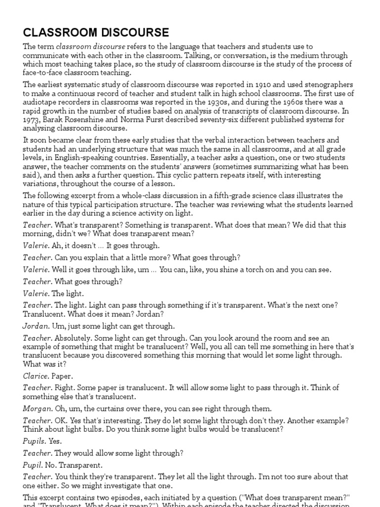 CLASSROOM DISCOURSE | Reading Comprehension | Question