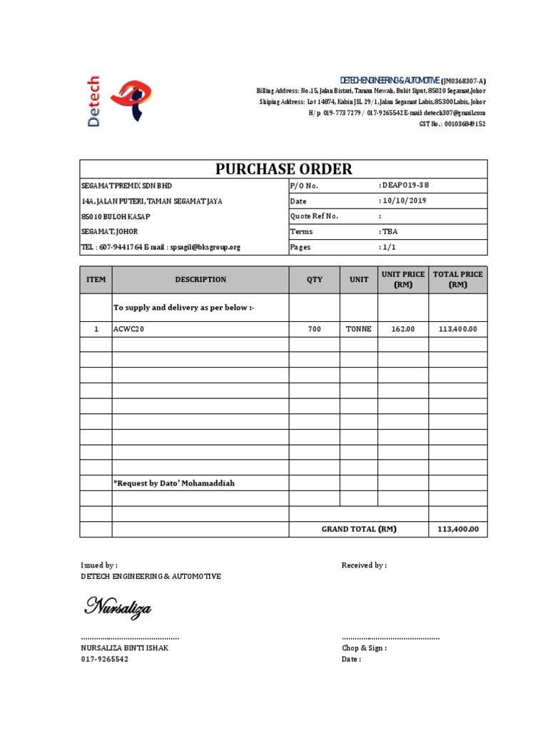Detech Engineering Purchase Order Details | PDF