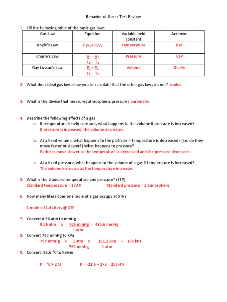 Gas Laws Review Sheet Answers Reno | PDF | Gases | Temperature