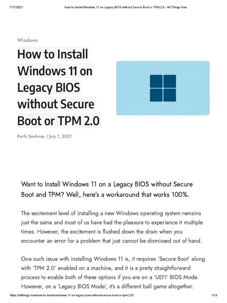 How To Install Windows 11 On Legacy BIOS Without Secure Boot or TPM 2.0 ...