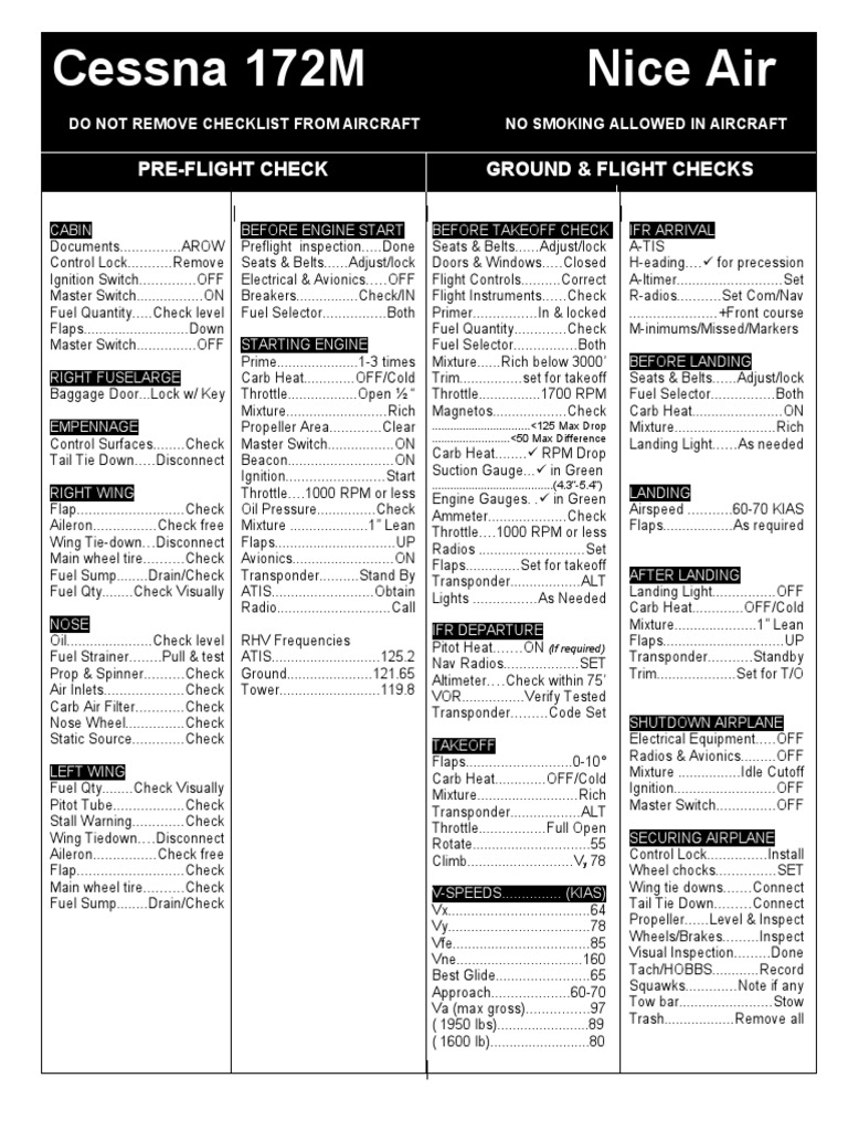 Cessna 172M Nice Air: Ground & Flight Checks Pre-Flight Check | PDF ...