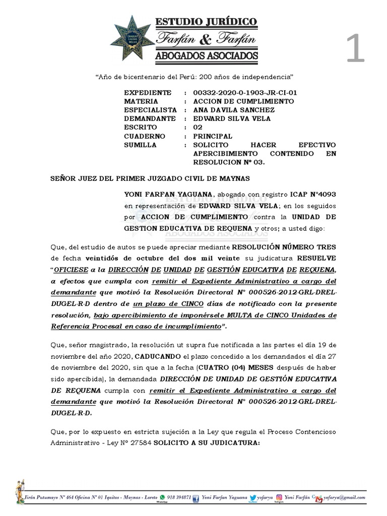 Solicitud De Hacer Efectivo Apercibimiento Y Nueva Oportunidad Para