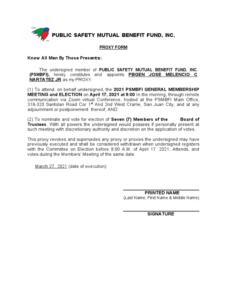 Proxy Form PSMBFI | PDF