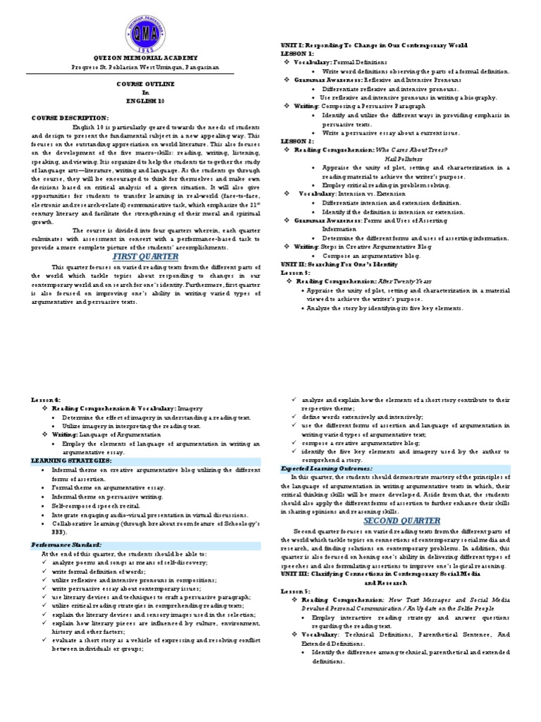 English 10 Course Outline Overview | PDF | Reading Comprehension | Essays