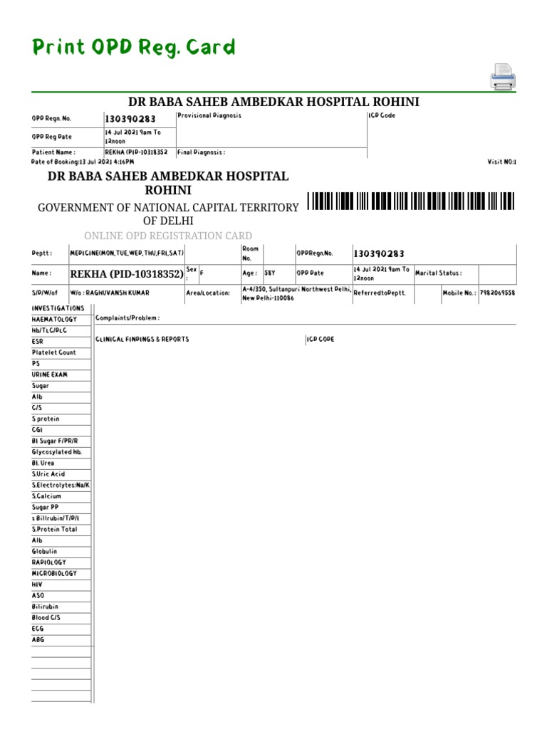 Print OPD Reg. Card: DR Baba Saheb Ambedkar Hospital Rohini | Download ...