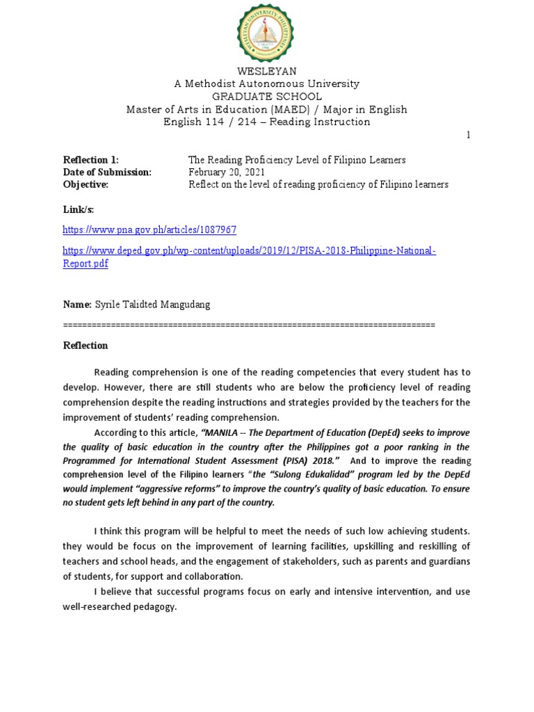 Reflection on Filipino Reading Proficiency | PDF | Reading ...