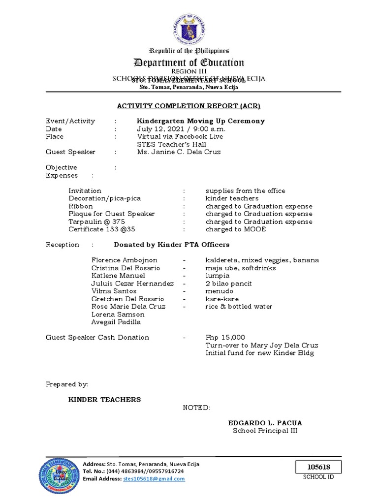 Activity Completion Report (Acr) Kindergarten Moving Up Ceremony | PDF