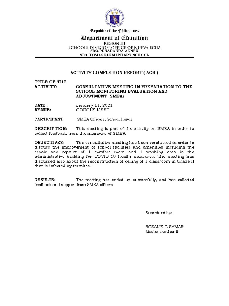 SMEA Meeting Report for Sto. Tomas School | PDF