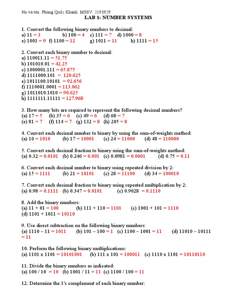 Lab 1: Number Systems: Họ và tên: Phùng Quốc Khánh MSSV: 2193929 | PDF ...