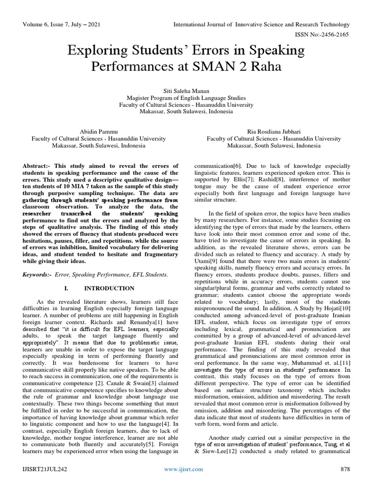 Exploring Students' Errors in Speaking Performances at SMAN 2 Raha ...