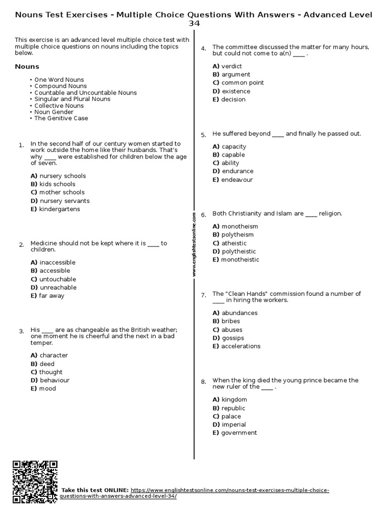 533 Nouns Test Exercises Multiple Choice Questions With Answers ...