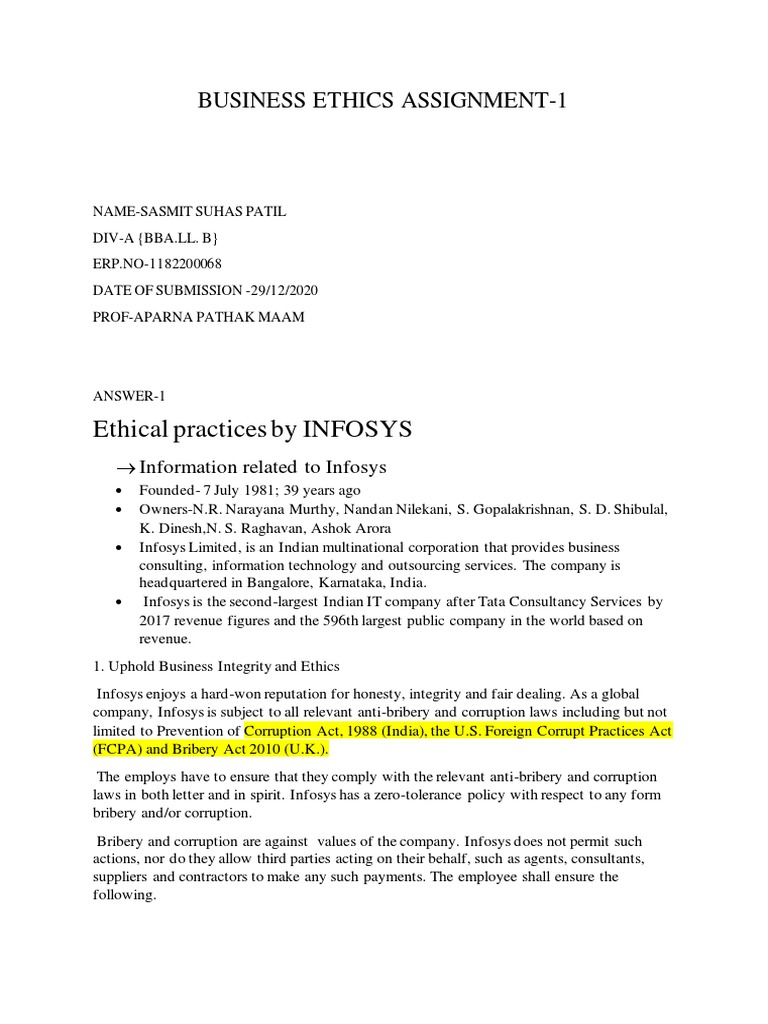Ethical Practices by INFOSYS: Business Ethics Assignment-1 | PDF ...