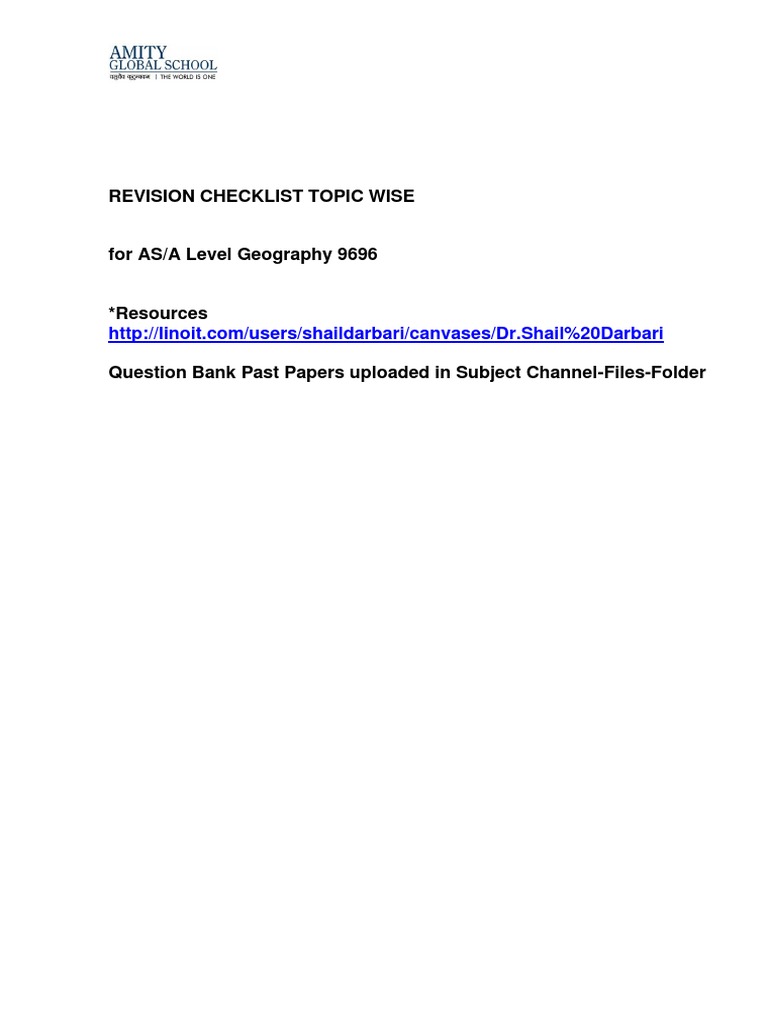 Revision Checklist Scedule Geography | Humidity | River