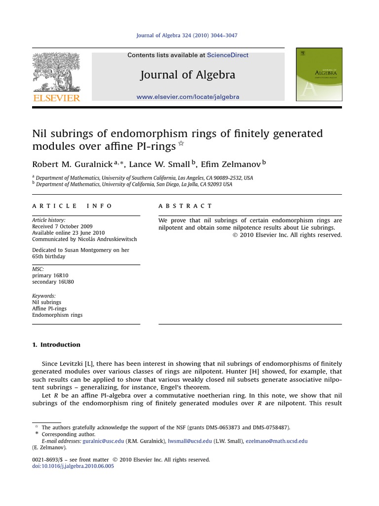 Journal of Algebra: Robert M. Guralnick, Lance W. Small, Efim Zelmanov ...
