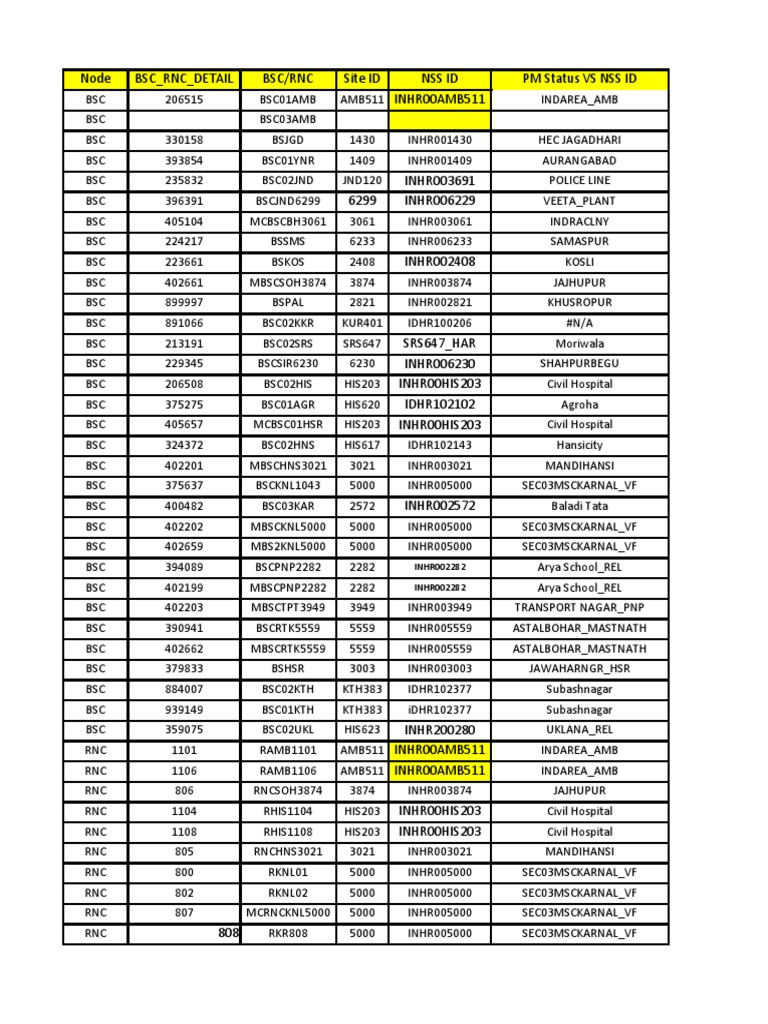 Node BSC - RNC - Detail BSC/RNC Site ID Nss Id PM Status Vs Nss Id ...