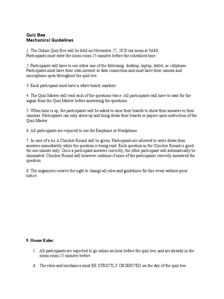 Quiz Bee Mechanics/ Guidelines: 9. House Rules | PDF