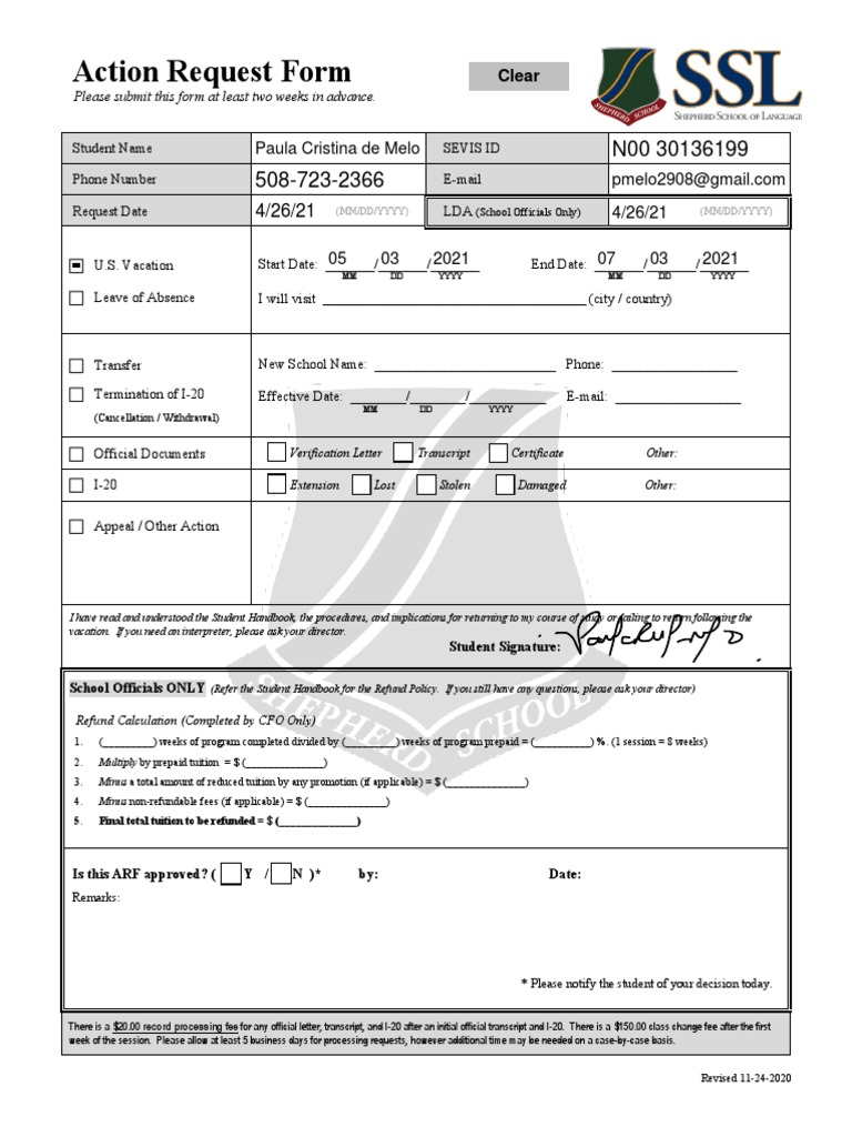 Student Action Request Form | PDF