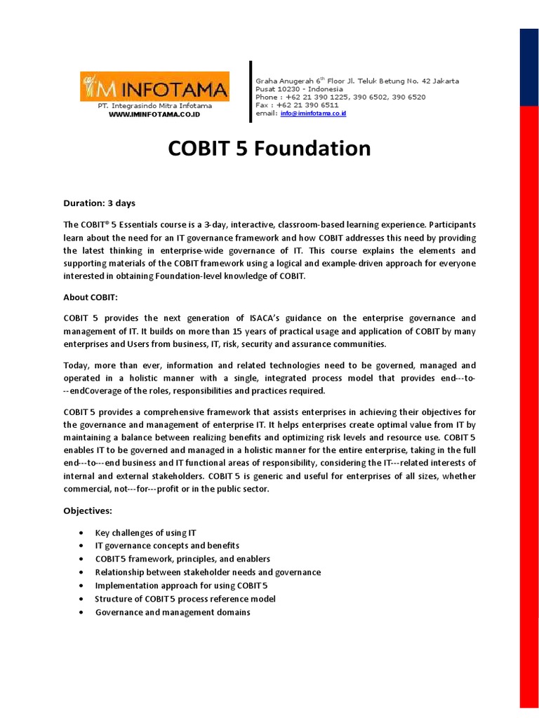 COBIT 5 Foundation: Duration: 3 Days | PDF | Governance | Cobit