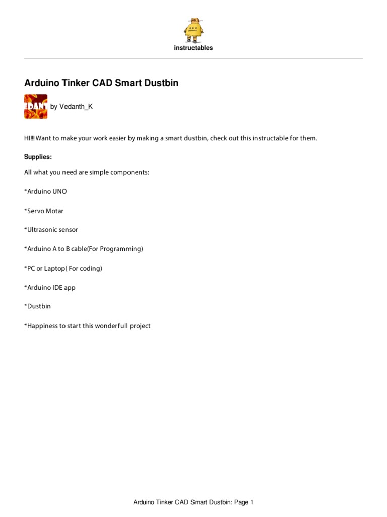 Arduino Tinker CAD Smart Dustbin: Instructables | PDF