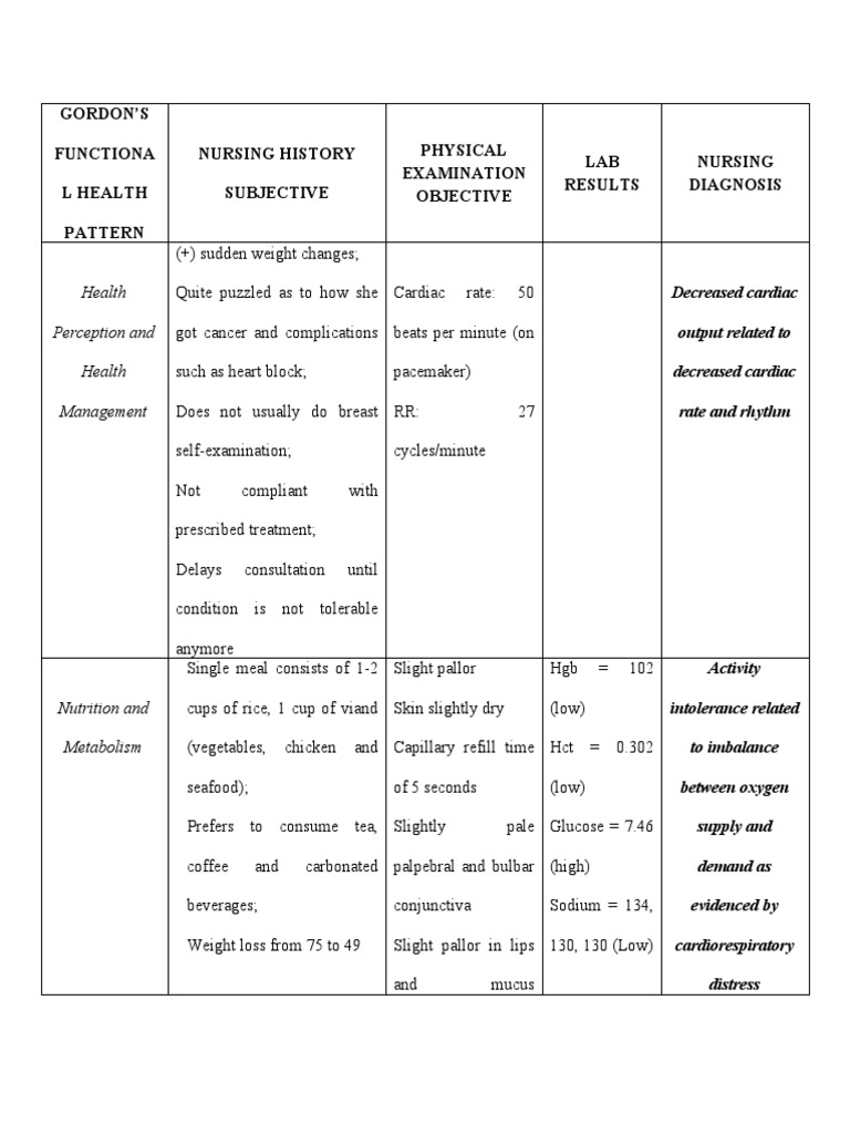 Gordon'S Functiona L Health Pattern Nursing History Subjective Physical ...